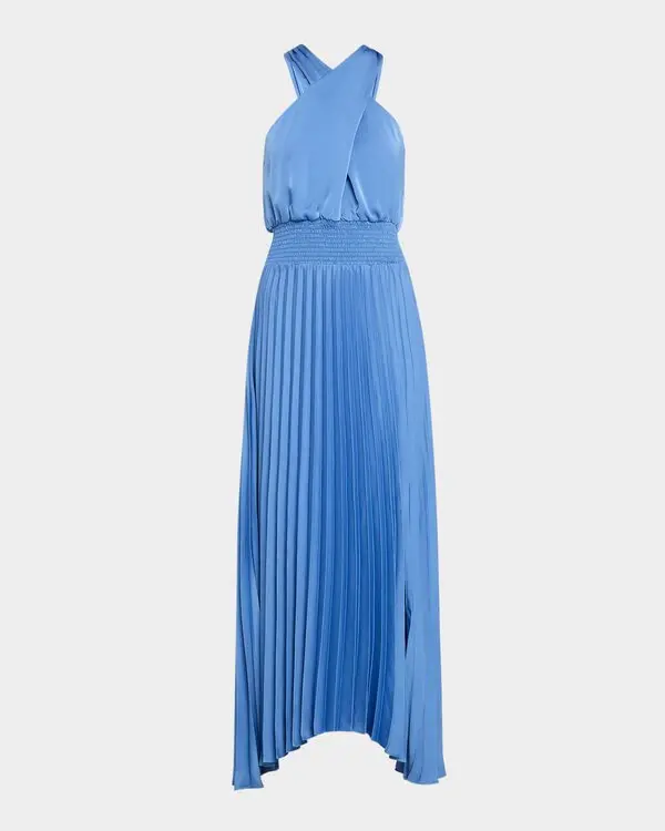 Ramy Brook Arina Halter Neck Pleated Maxi Dress - Cornflower Blue